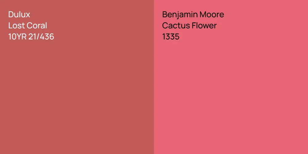 Dulux Lost Coral vs. Benjamin Moore Cactus Flower comparison