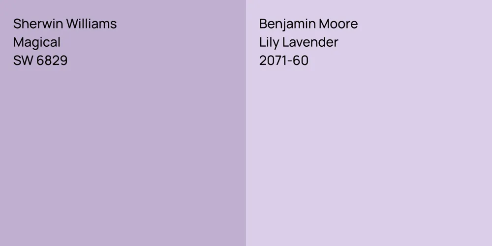 Sherwin Williams Magical vs. Benjamin Moore Lily Lavender comparison
