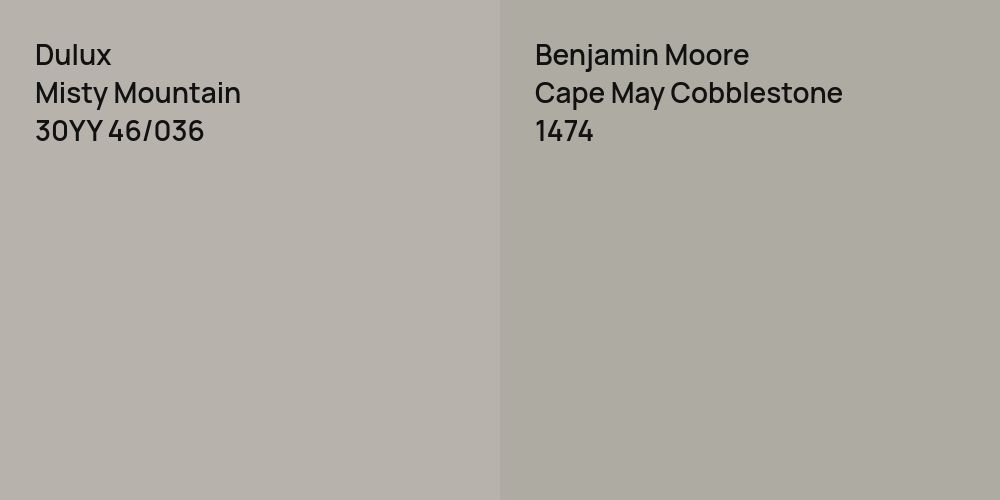 Dulux Misty Mountain vs. Benjamin Moore Cape May Cobblestone comparison