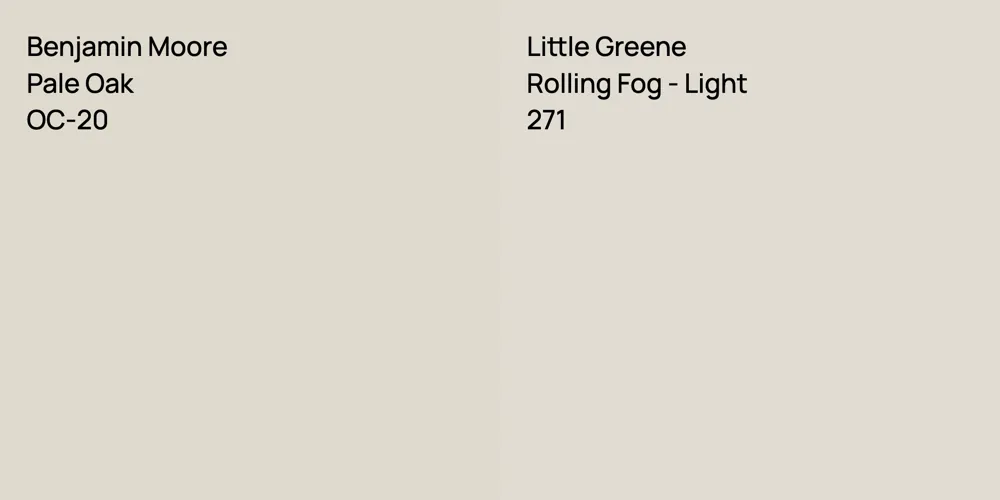 Benjamin Moore Pale Oak vs. Little Greene Rolling Fog - Light comparison