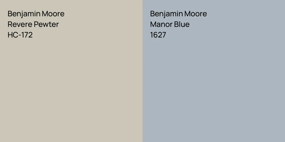 Benjamin Moore Revere Pewter vs. Benjamin Moore Manor Blue comparison