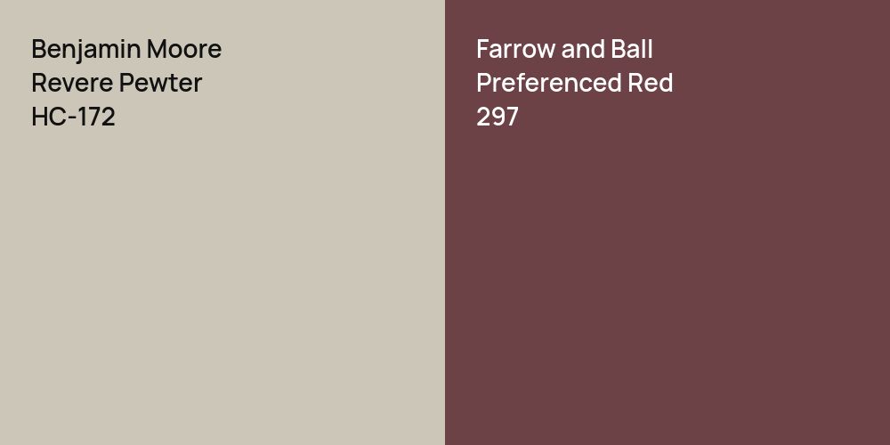 Benjamin Moore Revere Pewter vs. Farrow and Ball Preferenced Red comparison