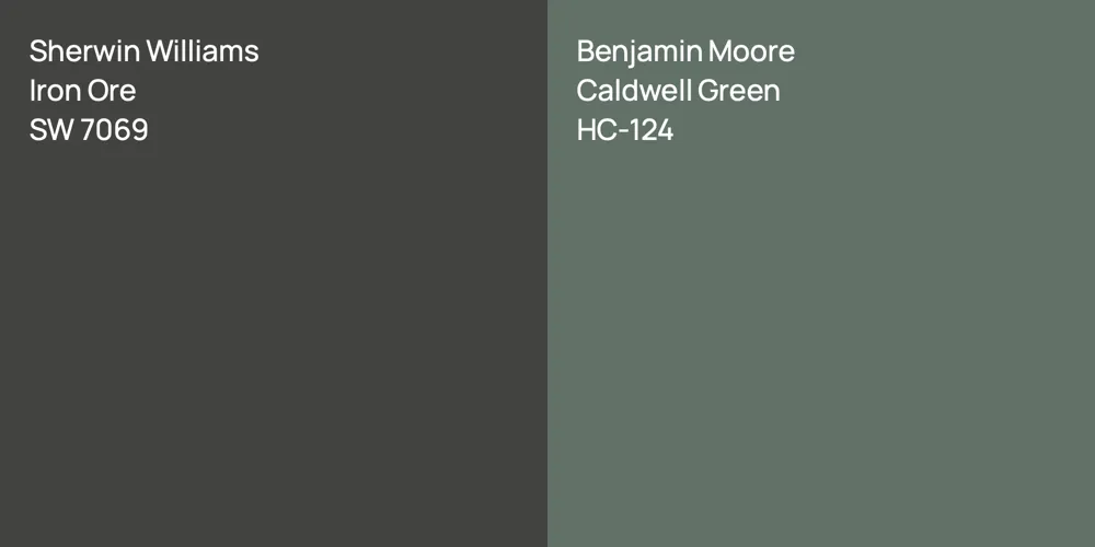 Sherwin Williams Iron Ore vs. Benjamin Moore Caldwell Green comparison