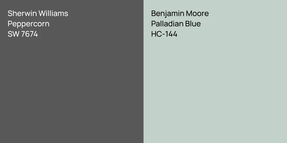 Sherwin Williams Peppercorn vs. Benjamin Moore Palladian Blue comparison