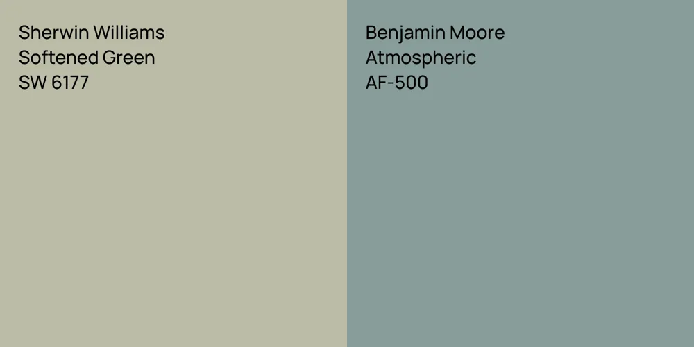 Sherwin Williams Softened Green vs. Benjamin Moore Atmospheric comparison