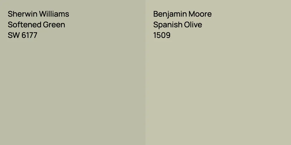 Sherwin Williams Softened Green vs. Benjamin Moore Spanish Olive comparison