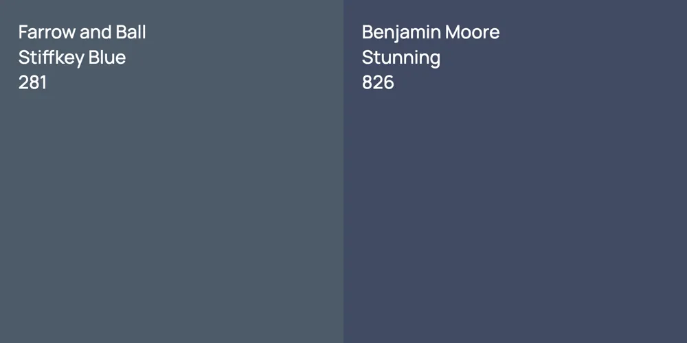 Farrow and Ball Stiffkey Blue vs. Benjamin Moore Stunning comparison