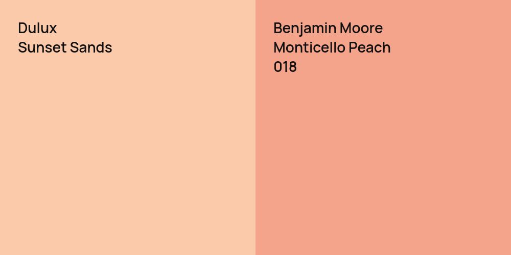 Dulux Sunset Sands vs. Benjamin Moore Monticello Peach comparison