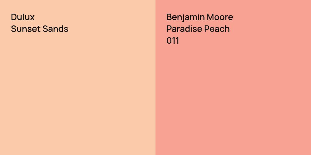 Dulux Sunset Sands vs. Benjamin Moore Paradise Peach comparison